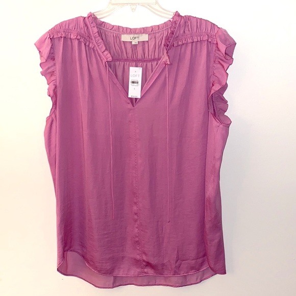 LOFT | Tops | Loft Smocked Ruffle Tie Neck Shell Pink Sz L | Poshmark